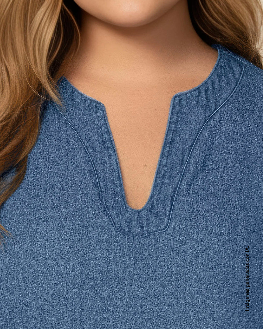 Blusa en índigo liviano con boleros en mangas | Leonisa Colombia